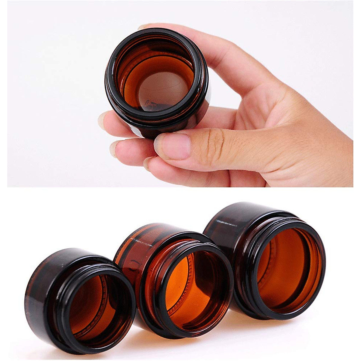 5Pcs 10ml 0.35oz Travel Size Empty Refillable Amber Glass Cosmetic Containers Round Sample Jars Pot Vial Bottle with Inner Liners and Black Lids for Face Creams Lotions and More