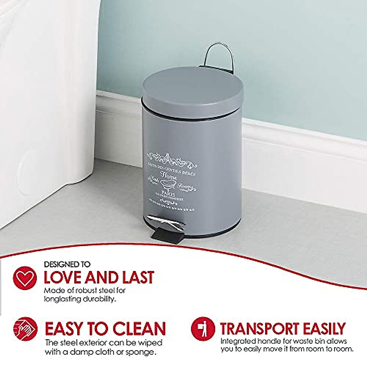 Home Basics Paris Collection Bathroom Accessories Bundle in Grey | Waste Bin | Soap Dispenser | Soap Dish | Tumbler | Toothbrush Holder | Elegant Design