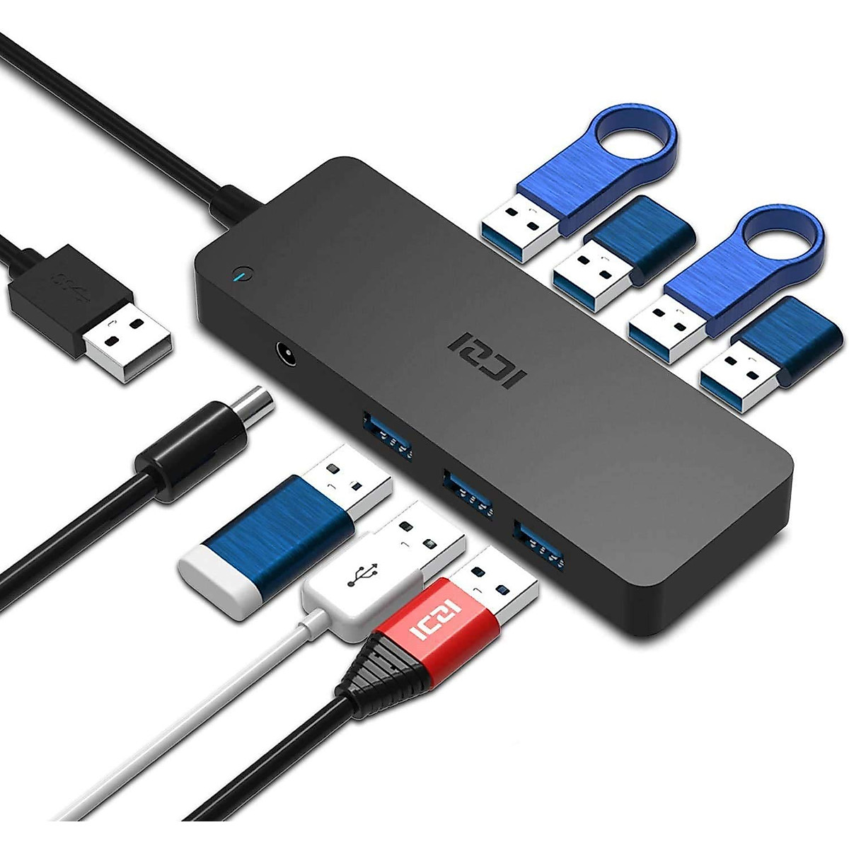 7 Port USB 3.0 Hub, ICZI USB Hub Powered USB Splitter USB 3.0 Hub with Power Adapter for Mac Windows and Other Laptops - Black