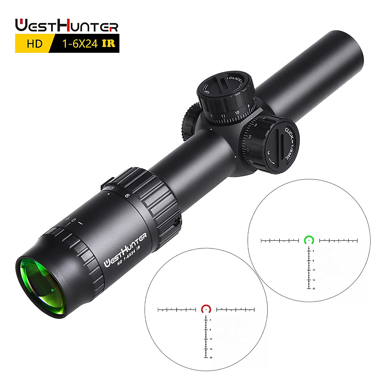 WestHunter Optics HD 1-6x24 IR Riflescope, 30mm Tube Red Green Illuminated Reticle Second Focal Plane Tactical Precision 1/5 MIL Shooting Scope | Reticle-A, Only Optics & Basic Accessories