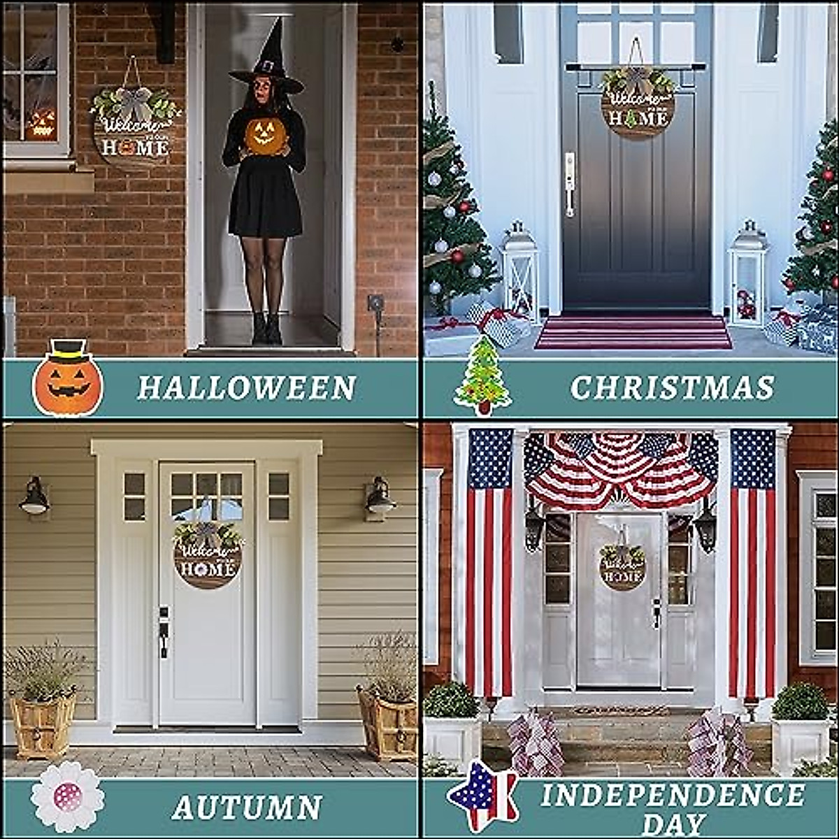Interchangeable Seasonal Welcome Sign Front Door Decor– 30cm diameter Wooden welcome to our home wreath for home decor and Magnetic Interchangeable Icons, Suitable for all Occasions