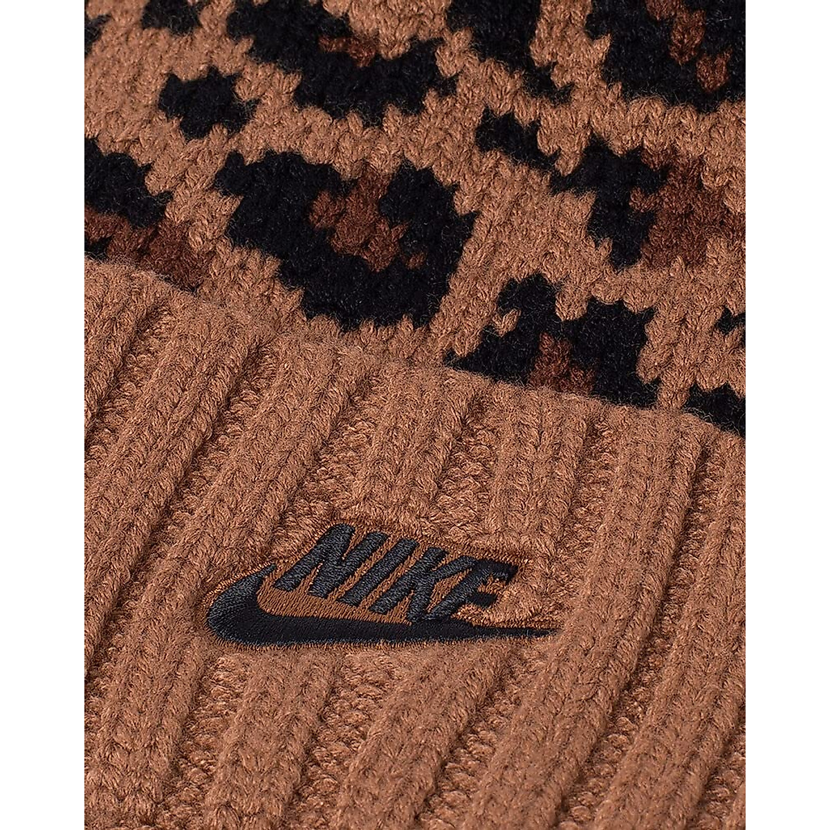 Nike Women's NSW Brown Leopard Print Fleece Lined Cuffed Pom Beanie