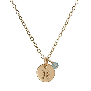 StyledU Tiny Pisces Pendant Necklace, 14K Gold Filled Constellation Pendant with Birthstone Necklace, Zodiac Sign March Birthday Gifts for Women