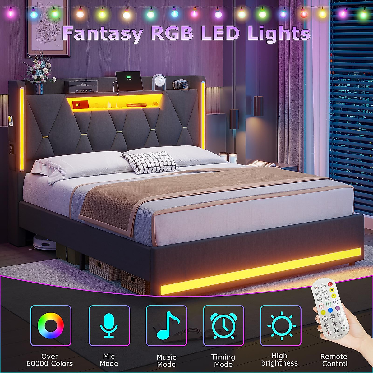 BYSAUD King Size Storage Bed Frame with Hidden Space and 2-Tier Shelves,King Bed Frame with Heaboard,King Size Bed Frame with LED Lights,Charging Station,No Box Spring Needed,Dark Gray,Linen Cloth