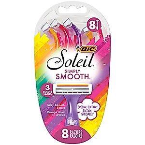 BIC Soleil Simply Smooth Women's Disposable Razors, 3 Blades With Moisture Strip For a Silky Smooth Shave, 8 Piece Razor Set