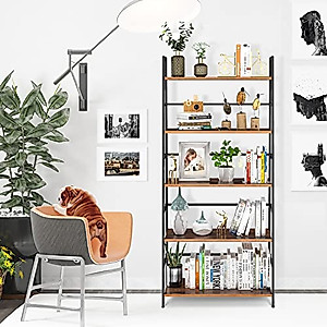 SpringSun 5 Tier Bookshelf Industrial Ladder Shelf Open Display Storage Rack Wood Bookcase with Metal Frame, Freestanding Storage Shelves for Home Office, Living Room, Bedroom, Kitchen