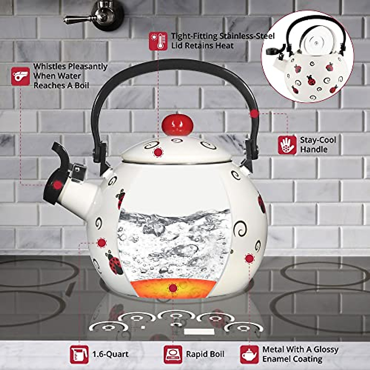 Whistling Tea Kettle for Stove Top Enamel on Steel Teakettle, Supreme Housewares Ladybug Design Teapot Water Kettle Cute Kitchen Accessories Teteras (1.6 Quart, Ladybug)
