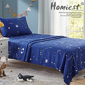 Homiest 3pcs Constellation Sheets Twin Size Bed Set, Star Pattern Cute Soft Bedding Set, Deep Pocket Twin Sky Printed Sheets for Kids Teen Boys Adults, Navy Blue