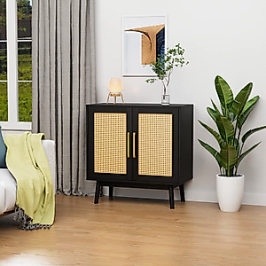 LYNSOM Rattan Storage Cabinet with Doors and Shelves, Natural Rattan Sideboard and Buffet with Storage, Free Standing Accent Cabinet for Entryway, Living Room, Office, Black