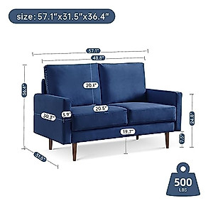 American Furniture Classics Blue 57 Inch Wide Upholstered Two Cushion Loveseat with Square Arms Velvet, 57" x 32" x 37"