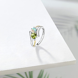 925 Sterling Silver and 10K Yellow Gold Round Cabochon White Simulated Opal Green Peridot and Lab Grown Diamond 2 Stone Crossover Ring For Women (1.07 Cttw, Available 5,6,7,8,9) (Size 6)