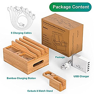 Pezin & Hulin Bamboo Charger Station for Multiple Device (Included 5 Port USB Charger, 6 Pack Charging Cables, Watch & Earbuds Stand), Desktop Electronic Organizer for Cell Phone, Tablet