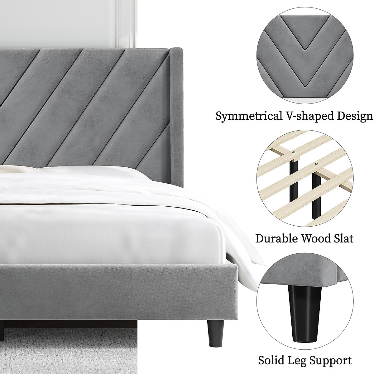 Yaheetech Queen Bed Frame Upholstered Platform Bed with Wing Side/Wooden Slat Support/Tufted Headboard with Wing Side/Mattress Foundation/No Box Spring Needed,Light Gray Queen Bed