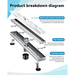 HTOH Shower Drain, 2 in 1 Linear Shower Drain 24 Inch(Brushed Nickel), 304 Stainless Steel Shower Floor Drain with Tile Insert Grate,Adjustable Feet,Hair Filter