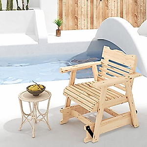 Giantex Outdoor Glider Rocking Chair - Wood Porch Rocker with High Back, Widened Armrests, Curved Seat, Rotatable Cup Holder, Patio Slat Rocking Chair for Backyard, Balcony, Poolside, Natural
