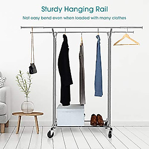 Auledio Clothes Garment Rack, Commercial Grade Clothes Rolling Heavy Duty Storage Organizer on Wheels with Adjustable Clothing Rack , Holds up to 250 lbs, Chrome (Two Heads)