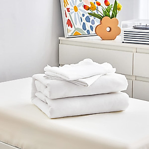 4 Pieces White Toddler Bedding Set with Ruffle Fringe, Solid Color Toddler Bed Set - 1 Toddler Comforter + 1 Fitted Sheet +1 Flat Sheet +1 Pillowcase for Baby Boys and Girls