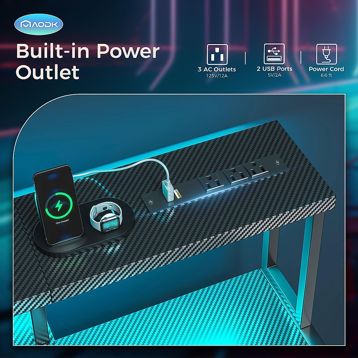 AODK Computer Desk, 48 Inch Gaming Desk with Led Lights & Power Outlet, Office Desk with Printer Storage Shelves, Reversible Desk with Monitor Shelf & Headphone Hook, Carbon Fiber Black