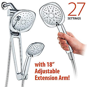 AQUABAR High Pressure Square 3-way Luxury Spa Combo System with Adjustable 18" Extension Arm for Easy Reach & Mobility - Use 7.5" Rain & Handheld Shower Head Separately or Together/All-Chrome Finish