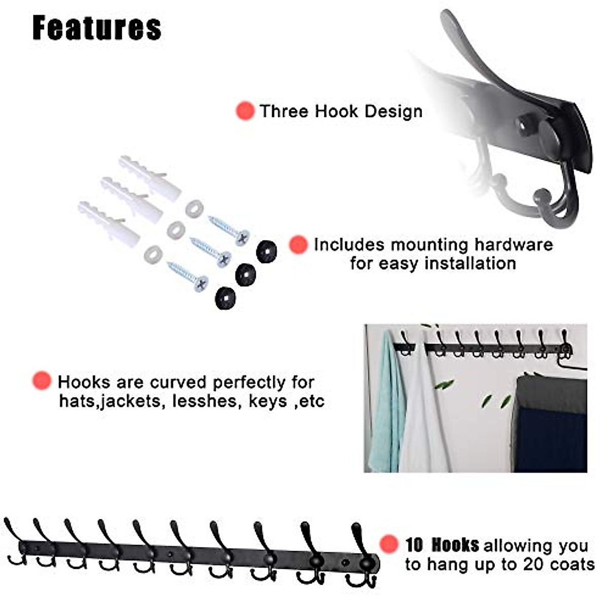 Dseap Coat Rack Wall Mount - 38” Long 10-Tri-Hooks Heavy Duty Coat Hanger Rail Wall Hooks for Hanging Coats Hats Clothing Clothes Purse Mudroom Entryway, Black