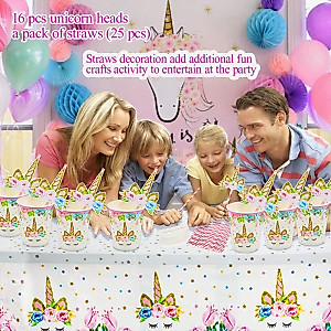 41Pcs Disposable Unicorn Themed Party Supplies Decorations Set for Girls Children Birthday Party Baby Shower,Include 16pcs Unicorn Paper Cups and 25pcs Unicorn straw,Serves 16 Guests