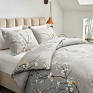 UOZZI BEDDING Branch Style Gray King Duvet Cover Set with 2 Pillow Shams- 800 TC Zipper Closure 4 Corner Ties Adult Men Women Style Dots Floral White Tree Style Reversible Design