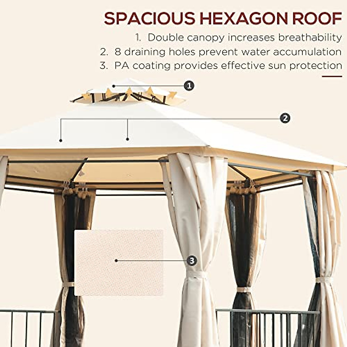 Outsunny 13' x 13' Patio Gazebo, Double Roof Hexagon Outdoor Gazebo Canopy Shelterwith Netting & Curtains, Solid Steel Frame for Garden, Lawn, Backyard and Deck, Beige