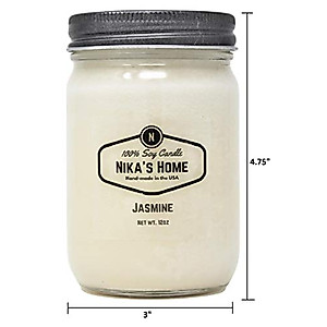 Nika's Home Jasmine Soy Candle 12oz Mason Jar Non-Toxic White Soy Candle-Hand Poured Candle- Handmade, Long Burning 50-60 Hours Highly Scented All Natural, Clean Burning Large Candle Gift Décor