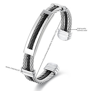 BIYONGDE Silver Black Steel Twisted Cable Cuff Bangle Bracelet ID Identify Charms, Adjustable, Mens Womens