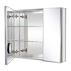 Fundin Bathroom Mirror Medicine Cabinet Aluminum Storage Cabinet 30 x 26 inch Beveled Edge Frameless Double Sided Mirror Door Recess or Surface Mount with 5X Magnifying Makeup Mirror