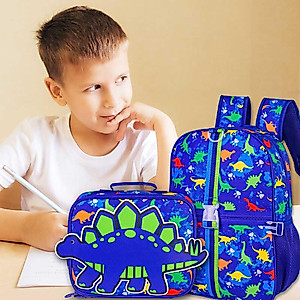 UFNDC 3PCS Dinosaur Backpack for Boys, 16”Kids Bookbag with Lunch Box, School Bag for Elementary Toddler