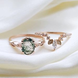 Natural Moss Agate Ring Set For Women Pear Oval Shaped Gold Ring Silver Ring Delicate Ring Stacking Ring Promise Ring For Women's Birthday Gift By FOREVER GEMS & JEWELS, Rose Gold,White,Green,Silver