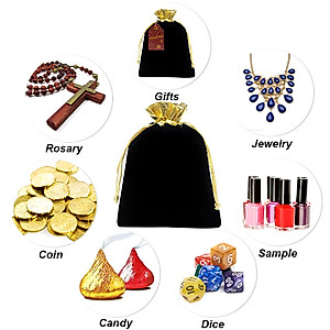HRX Package 10pcs Velvet Bags with Drawstrings 5x7 inch, Black Gold Cloth Gift Pouches Baggies Sacks for Jewelry Dice Party Favor