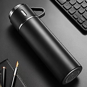 Insulated Water Bottle with Cup Travel Coffee Mug with Handle Stainless Steel Tumblers Thermos for Hot and Cold Drinks Water Flask 17 oz/500ml Black