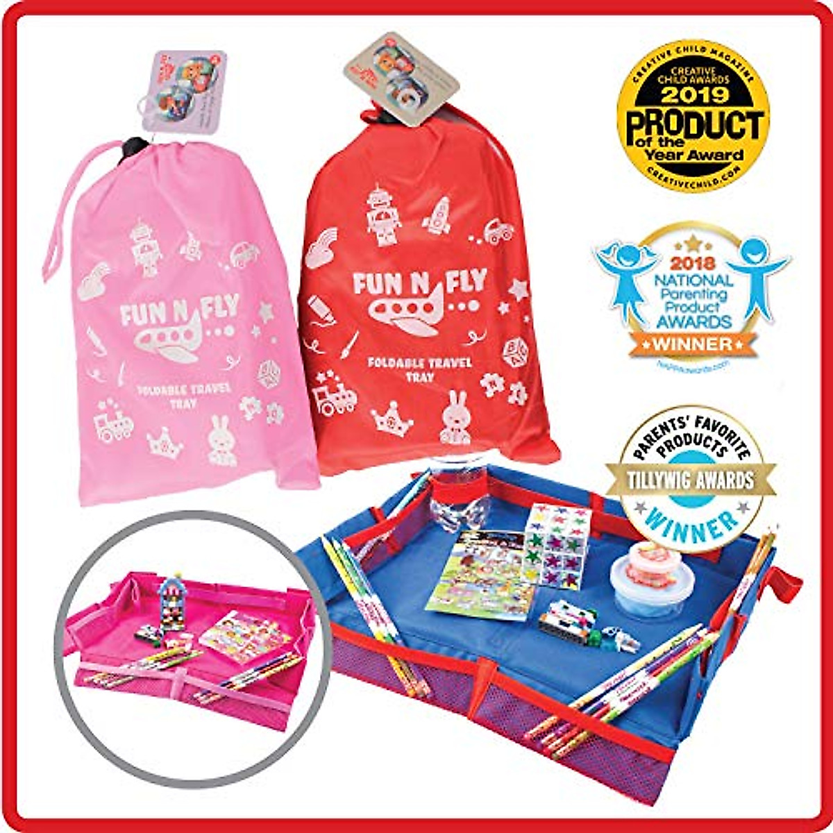 Fun N' Fly Foldable Travel Tray - Blue Red Portable Durable Kids, Toddler, Baby Play Space and Snack Desk for Airplane Travel by FunnFly