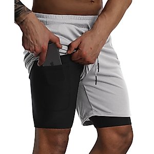 Suwangi Men's 2 in 1 Workout Running Shorts 7" Lightweight Quick-Dry Short Gym Athletic Training Yoga Short with Phone Pocket