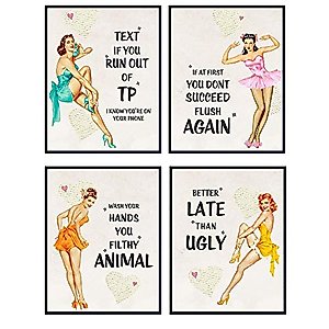 Pinup Girl Vintage Bathroom Wall Decor - Pin Up Wall Art - Funny Bathroom Quotes - Wash Your Hands You Filthy Animal Sign - Better Late Than Ugly - Bath Wall Decor - Restroom Decorations - 4 Print Set