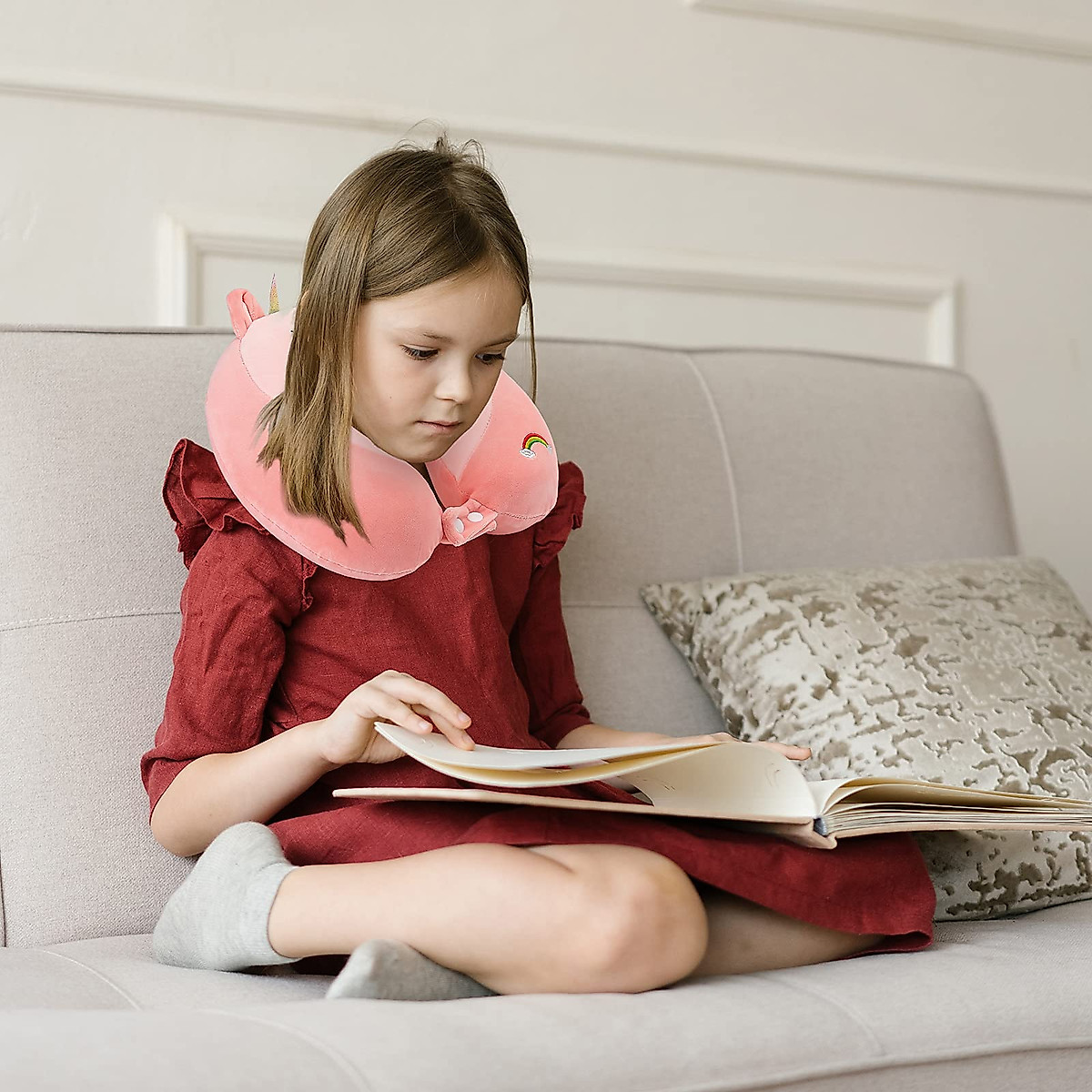 Niuniu Daddy Neck Pillow for Traveling, Pure Memory Foam Travel Neck Support Pillows for Airplane, Car Headrest Sleep - Age 8+ Children Kids Including Adults - Unicorn Travel Pillow