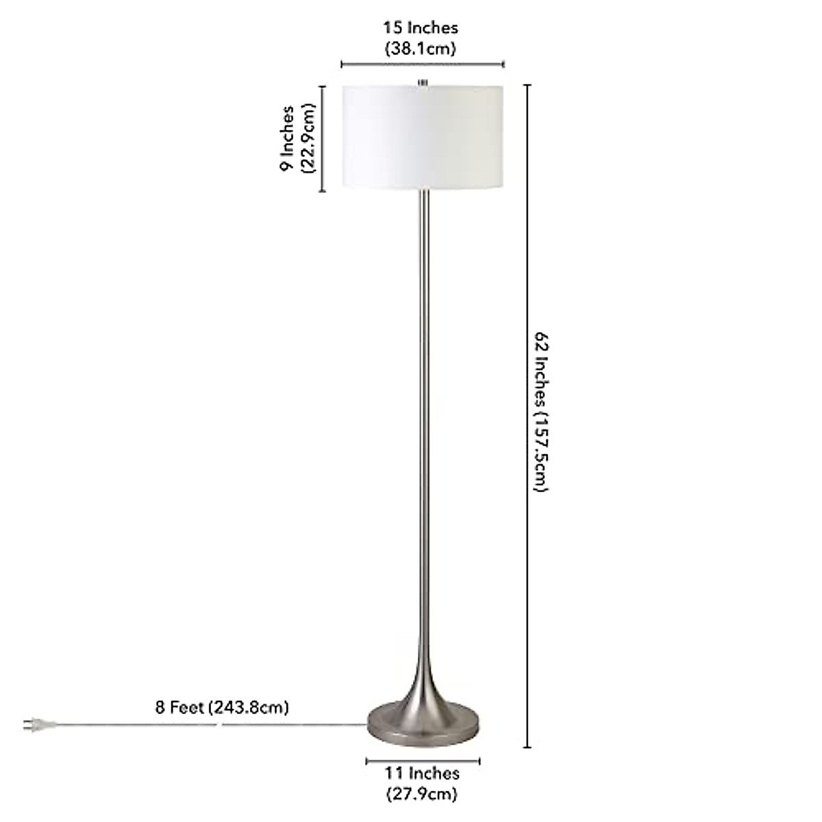Henn&Hart 62" Tall Floor Lamp with Fabric Shade in Brushed Nickel/White, Floor Lamp for Home Office, Bedroom, Living Room