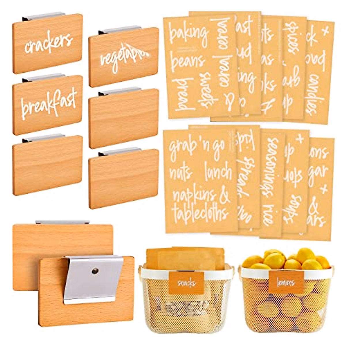 Set of 8 Wooden Clip On Pantry Label Holders for Storage Bins + 70 Preprinted White on Clear Script Stickers for Kitchen Organization, Baskets, Containers