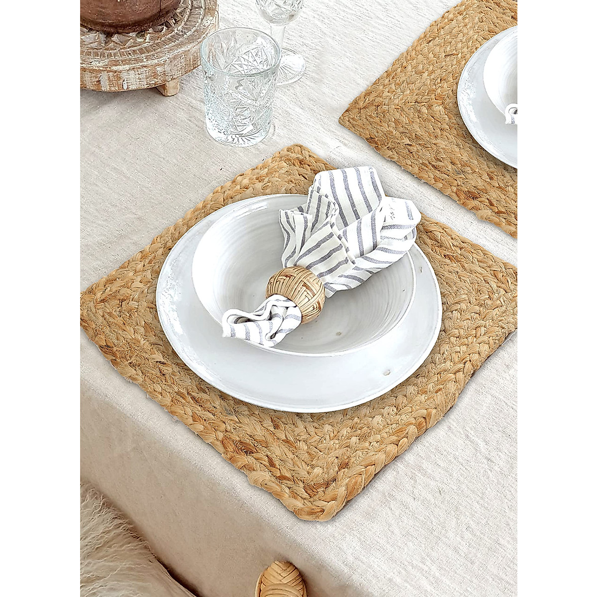 Natural Jute Placemat Set of 4 - Square 13 Inch Decorative Reversible Braided Hand Woven Charger for Dinner Table Décor Farmhouse Christmas Wedding Family Gathering Party and Everyday Use