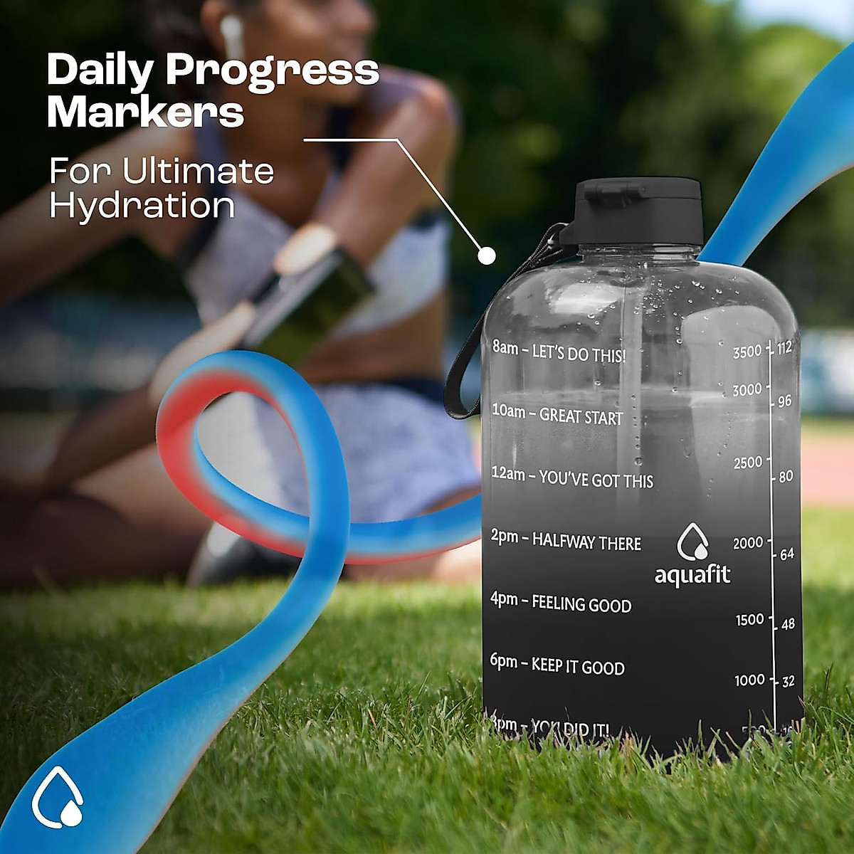 AQUAFIT 1 Gallon Water Bottle With Times To Drink - 128 oz Water Bottle With Straw - Motivational Water Bottle - Large Water Bottle - Sports Water Bottle With Time Marker - Gym Water Jug 1 Gallon