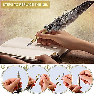 NC Feather Quill Pen Set - Includes 5 Ink Bottles, 6 Nibs, Mechanical Quill Pen for Calligraphy, Writing Letters, Signing, Invitations Etc (Grey)
