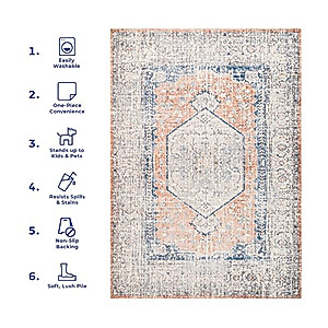 nuLOOM 5x8 Machine Washable Rain Haven Vintage Medallion Area Rug, Peach, Traditional Faded Design, Non-Slip Backing, Stain Resistant, For Bedroom, Dining Room, Living Room, Kitchen