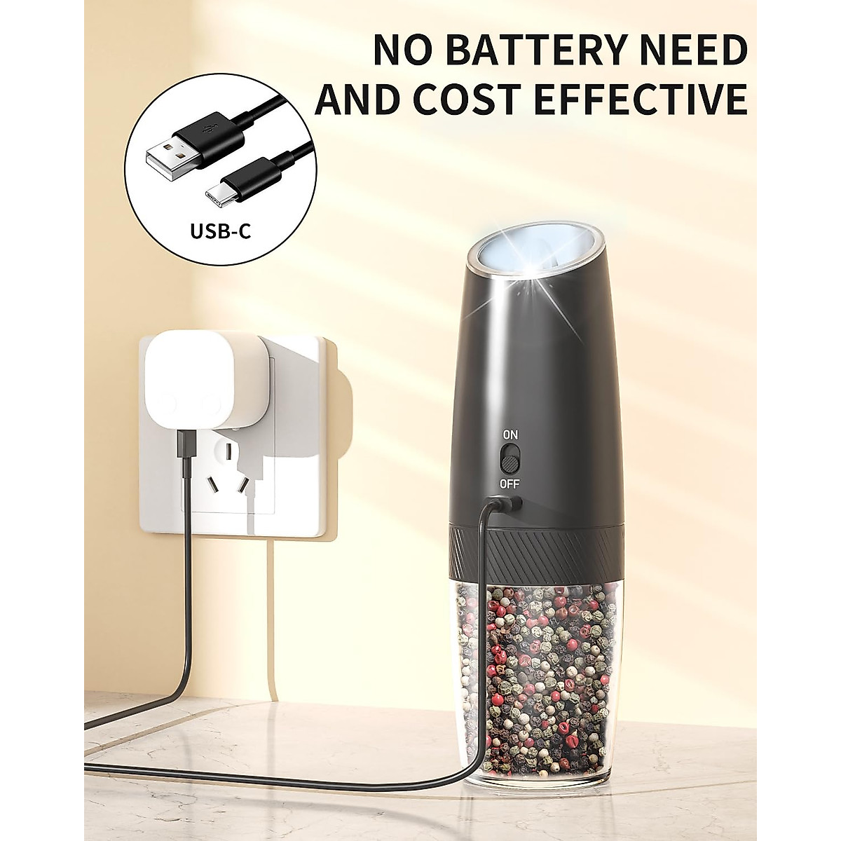 CIRCLE JOY Gravity Electric Salt and Pepper Grinder Set Rechargeable Salt and Pepper Grinder Set with LED Light, No Battery Needed, Adjustable Coarseness, Washable 135ml Container, Black