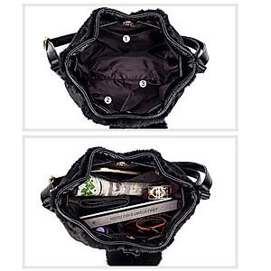 Van Caro Women’s Faux Fur Drawstring Bucket Bag Shoulder Crossbody Bag, Black