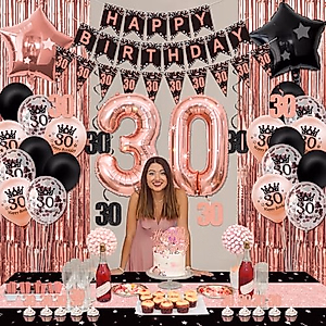 30th Black and Rose Gold Party Decorations - Happy Birthday Banner, Pennant, Birthday Balloons, Fringe Curtains, Tablecloth, Cake Topper, Hanging Swirls 30th Birthday Decorations for Women Princess