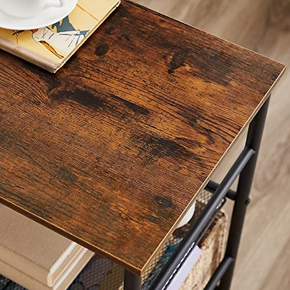 VECELO Tall End/Side Table with 2 Wicker Basket Storage Shelf Telephone Stand for Living Room, Bathroom, Bedroom, Office, Entryway, Easy Assembly, 3-Tier, Brown