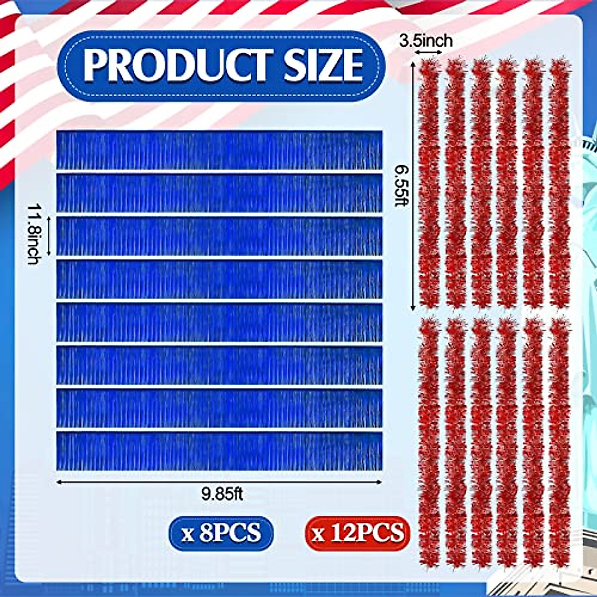 20 Pcs 4th of July Parade Float Decorations Including 8 Pcs 10 ft Metallic Foil Fringe Curtains 12 Pcs 6.5 ft Tinsel Garland for Flag Day Independence Day Party Car Decorations