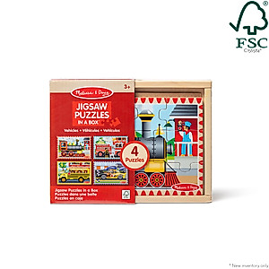 Melissa & Doug Vehicles 4-in-1 Wooden Jigsaw Puzzles in a Storage Box (48 pcs) - FSC Certified
